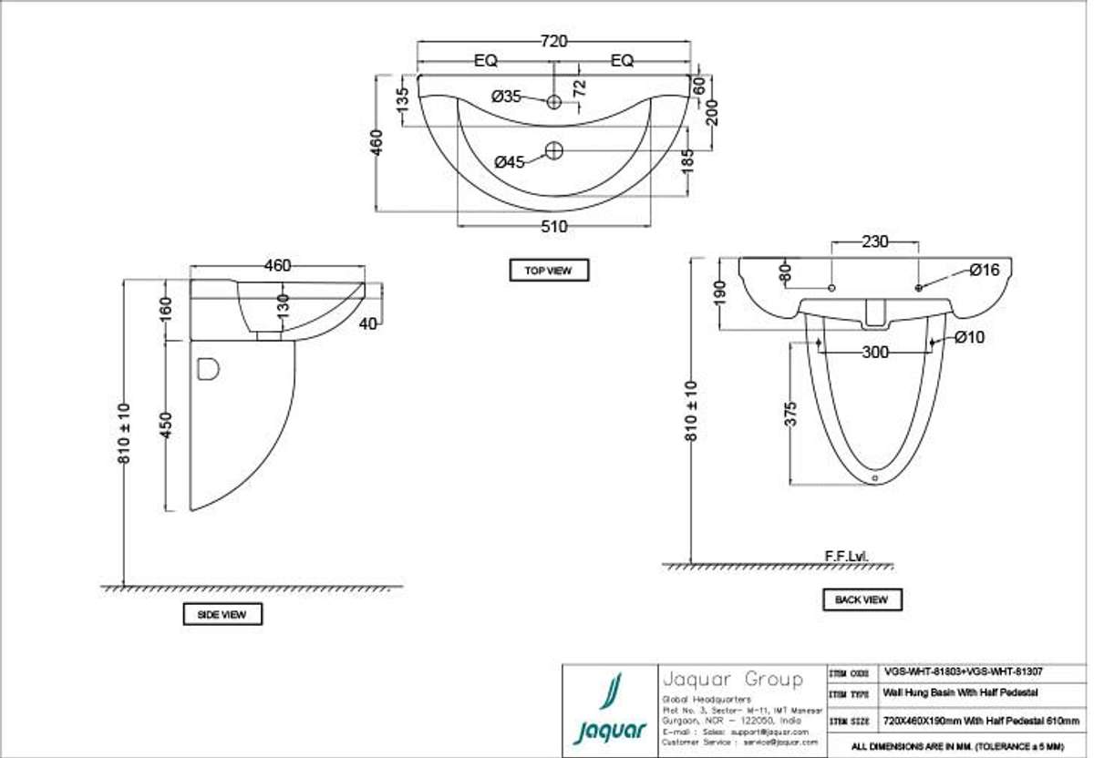 Jaquar Half Pedestal Wall Hung Basin VGS-WHT-81803