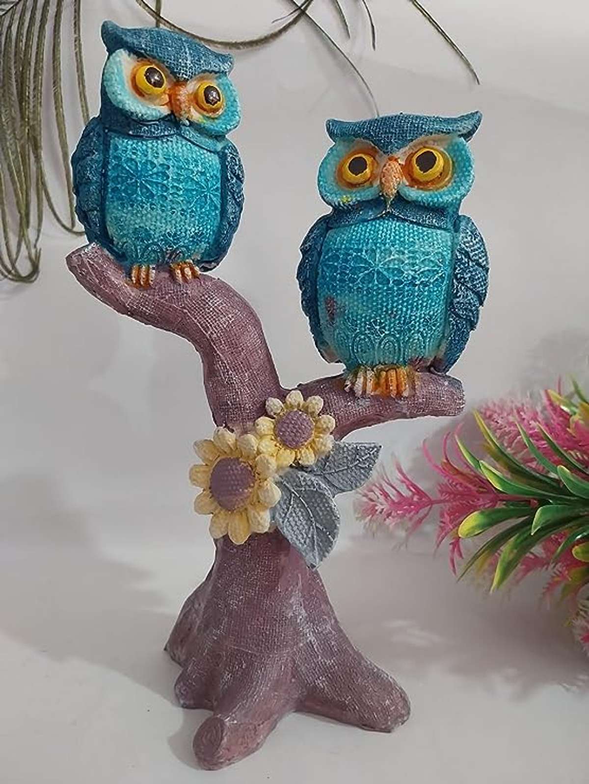 Resin Owl Sitting On Tree Branch Figurine Showpiece