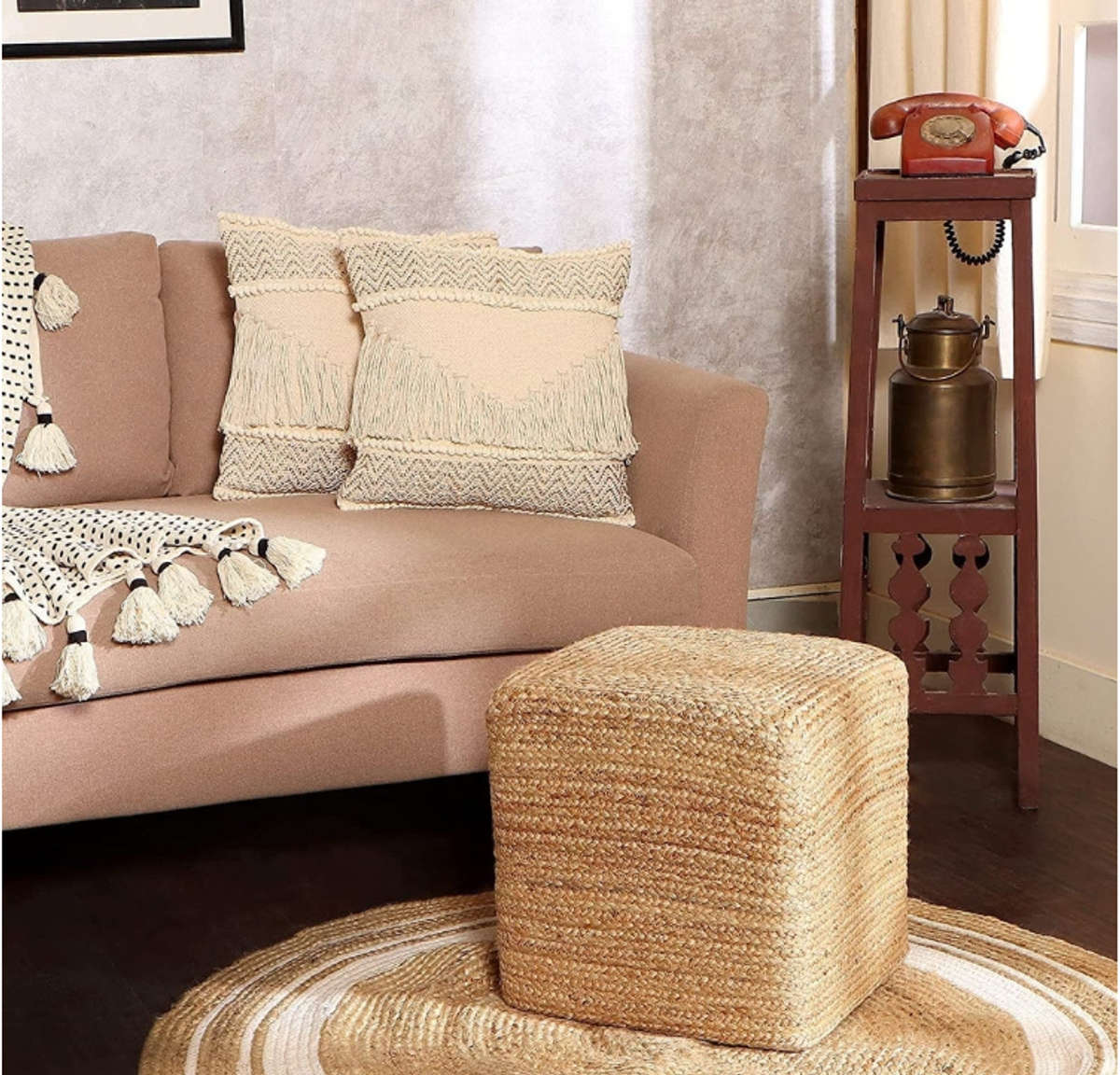 Natural Jute Cube Braided Pouff